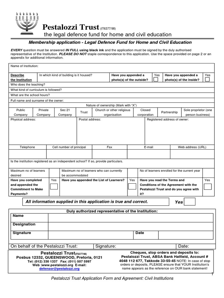 Pestalozzi Trust Application Form | PDF | Trust Law | Lawsuit