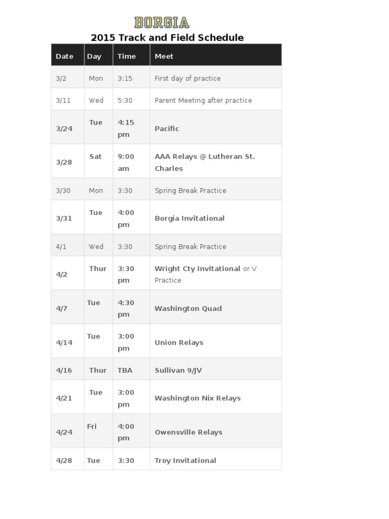 2015 Track and Field Schedule: 3/2 Mon 3:15 First Day of Practice 3/11 ...