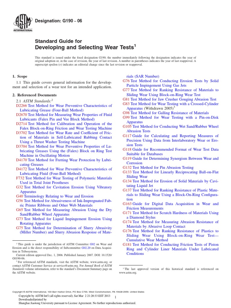 ASTM G190-06 - Standard Guide For Developing and Selecting Wear Tests ...