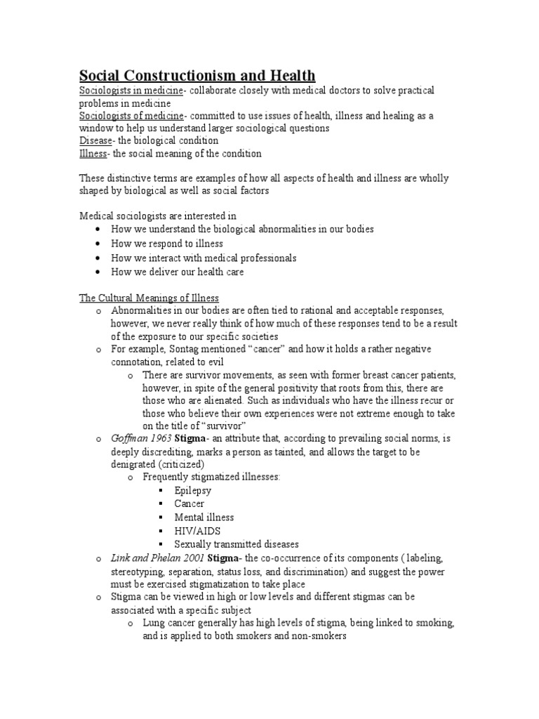 Social Constructionism and Health Outline | PDF | Social Stigma ...