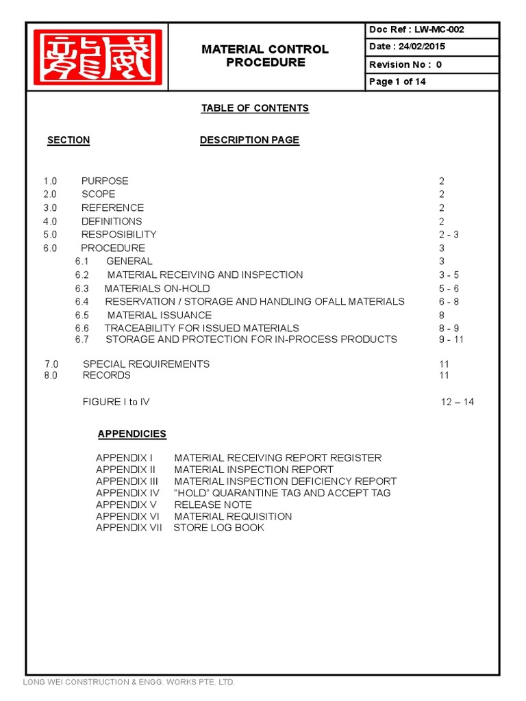 Material Control Procedure SAMPLE | Pipe (Fluid Conveyance) | Valve