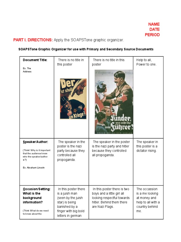 Apply The Soapstone Graphic Organizer.: Name Date Period Part I ...