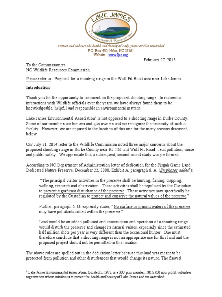 Ljea Feb15 Shooting Range Letter To ncwrc-1 | PDF | Noise | Stormwater