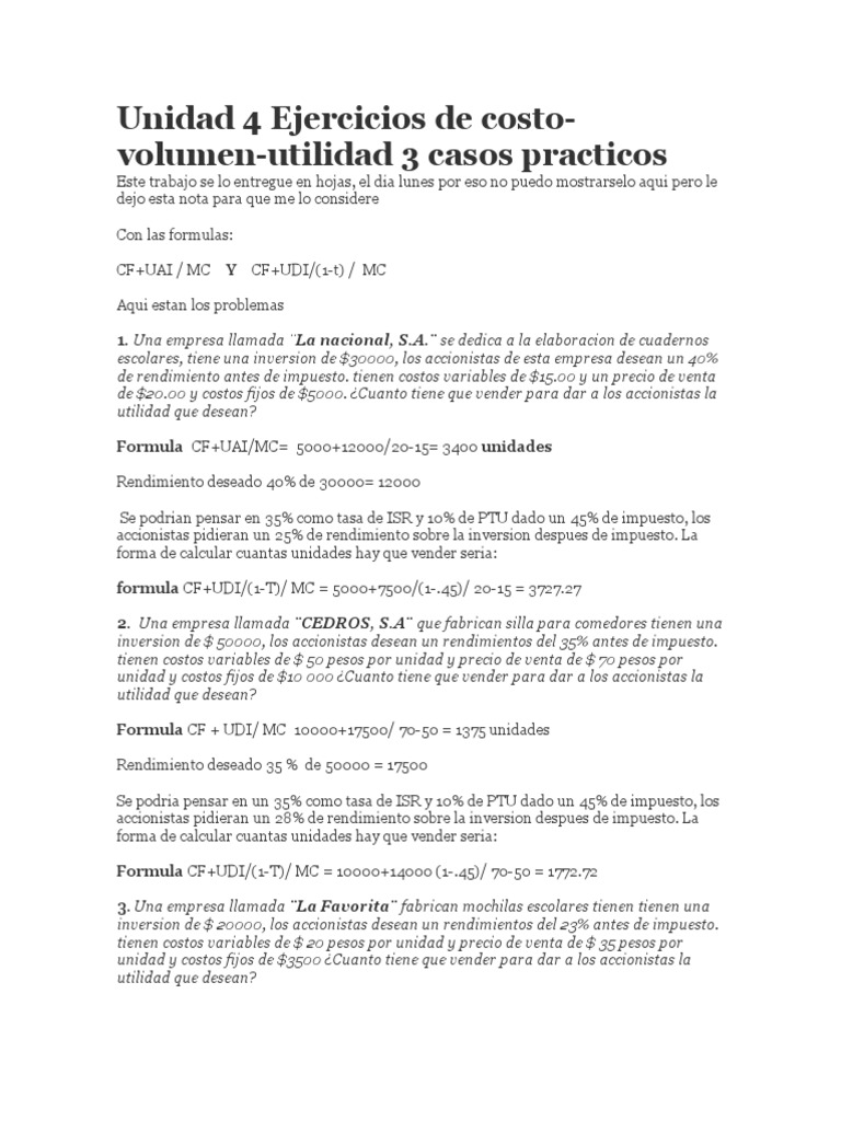 Ejercicios Volumen Utilidad | PDF | Beneficio (economía) | Costo