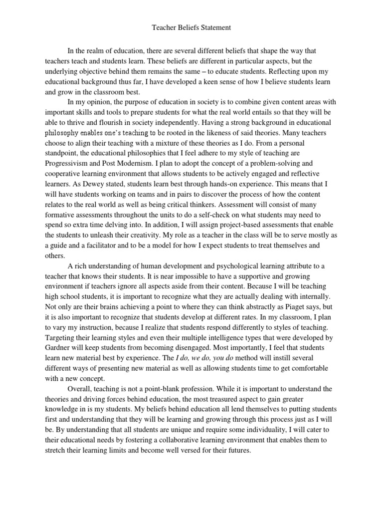 Teacher Beliefs Statement | PDF | Understanding | Learning