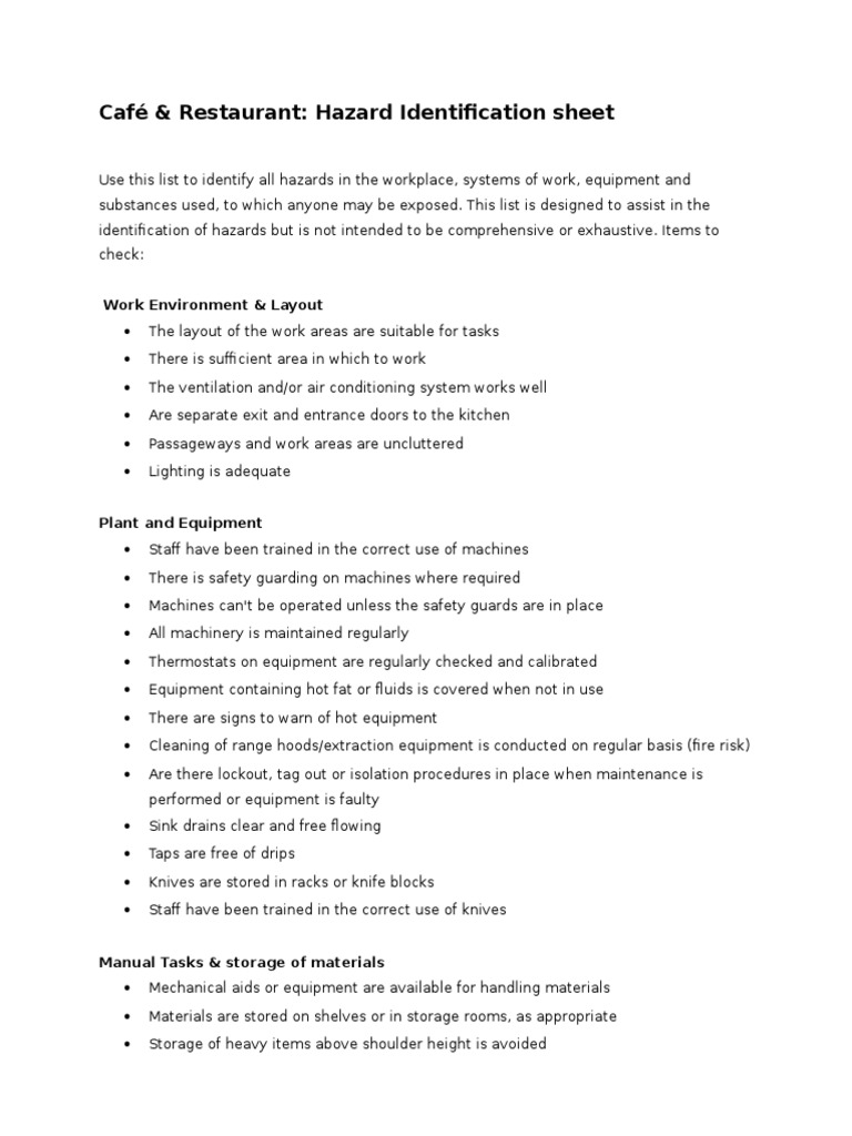 Café & Restaurant Hazard Checklist | PDF | Safety | Wellness