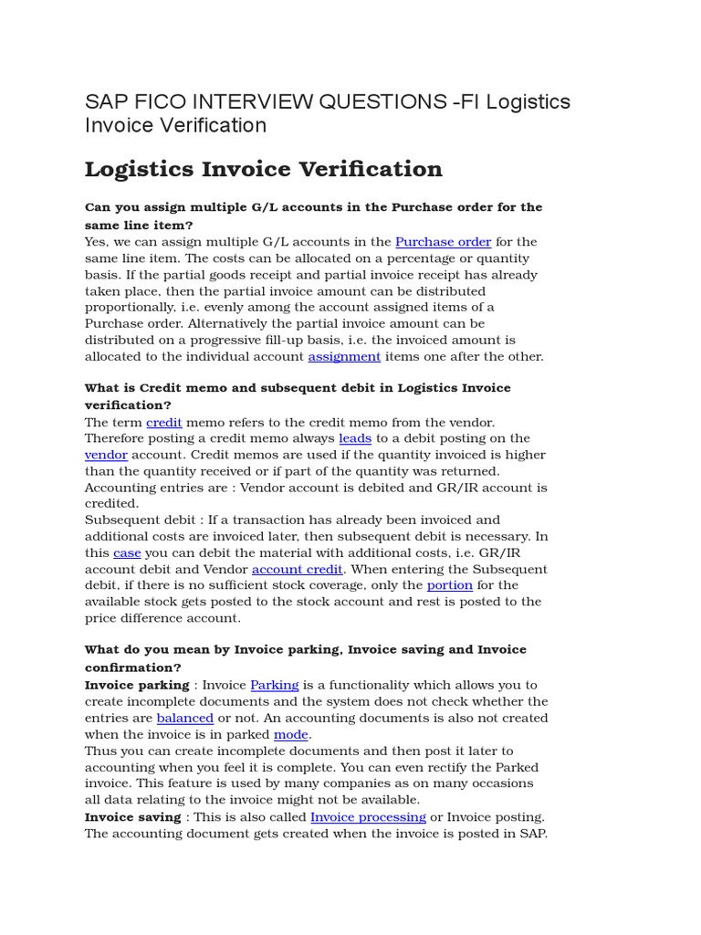 SAP FICO Interview Questions on Logistics Invoice Verification | PDF ...