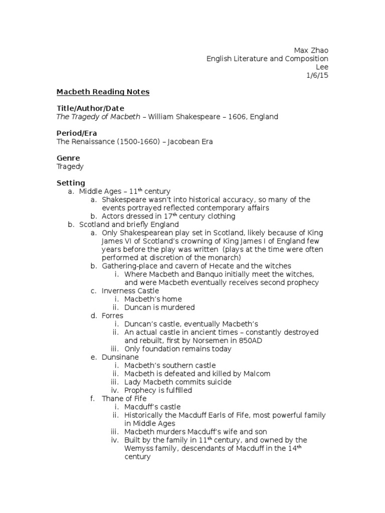 Macbeth Reading Notes | PDF | Macbeth | Shakespearean Tragedies