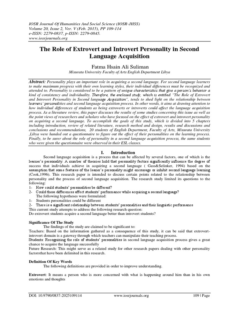 The Role of Extrovert and Introvert Personality in Second Language Acquisition | Download Free ...