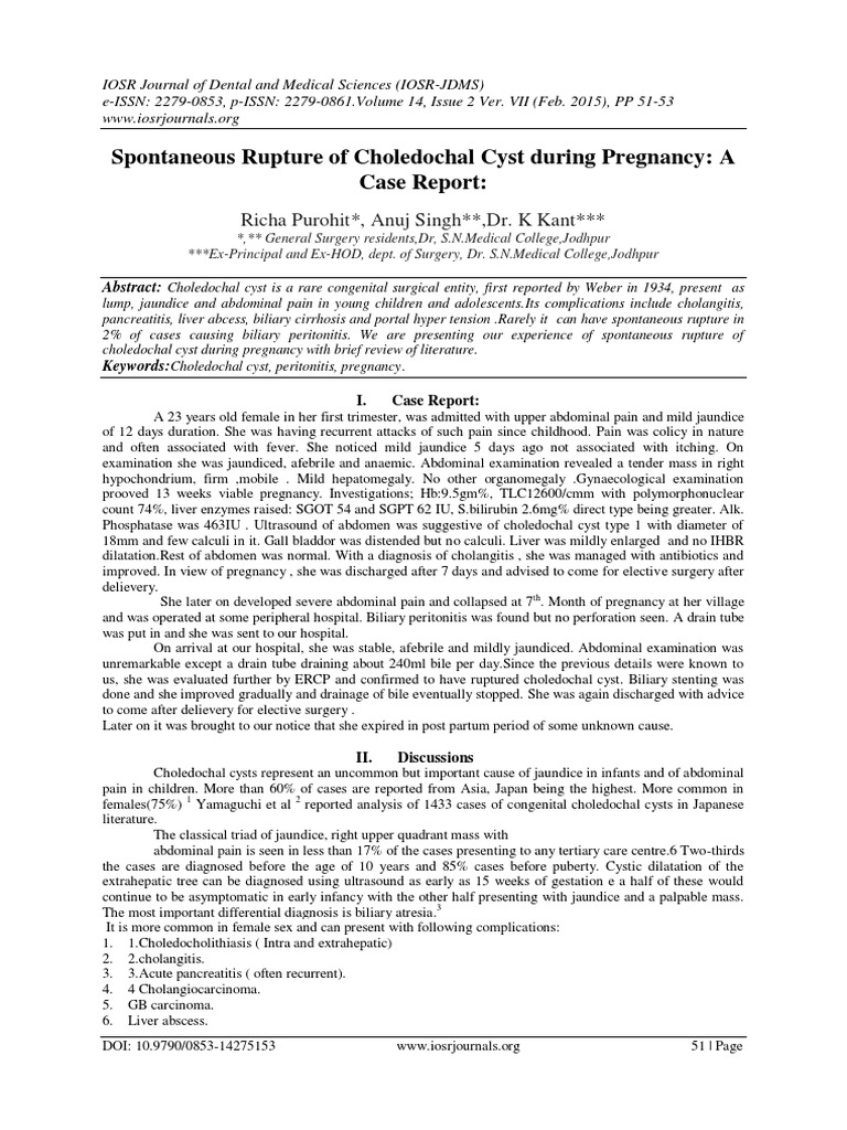 Spontaneous Rupture of Choledochal Cyst During Pregnancy: A Case Report | Download Free PDF ...