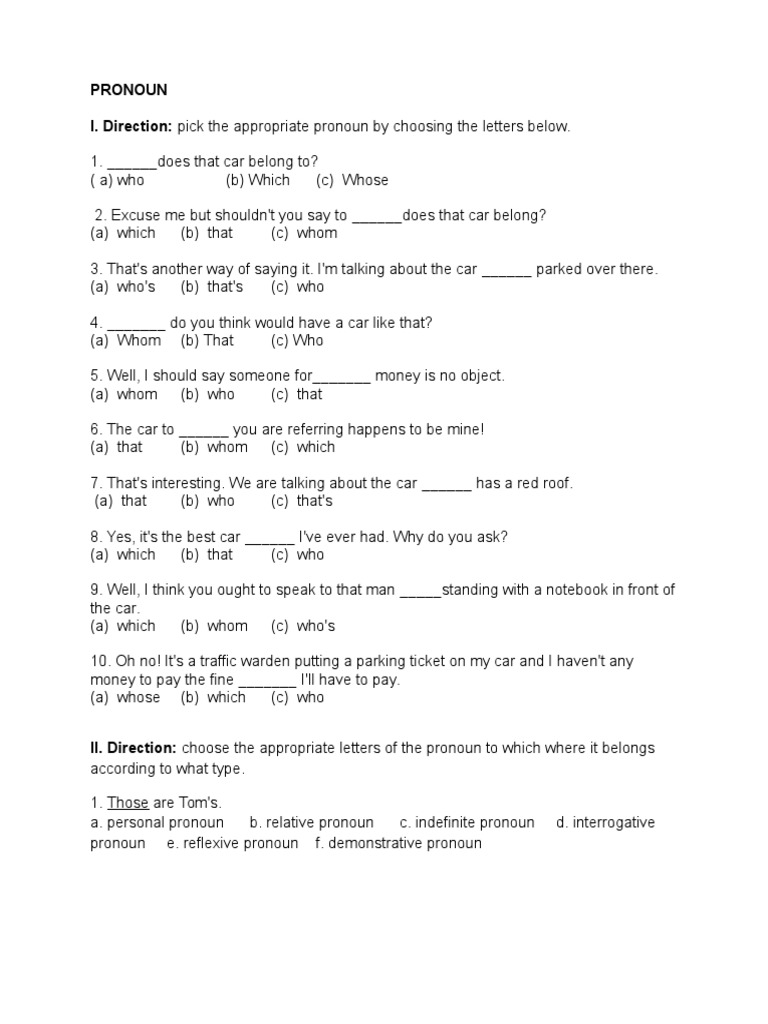 Pronoun I. Direction: Pick The Appropriate Pronoun by Choosing The ...