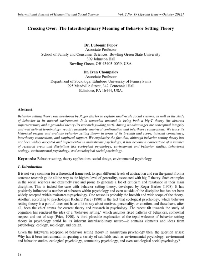 Crossing Over: The Interdisciplinary Meaning of Behavior Setting Theory ...