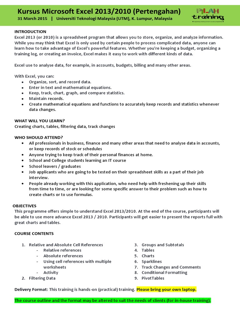 Public Training Program - Excel (Intermediate) | PDF | Microsoft Excel | Spreadsheet