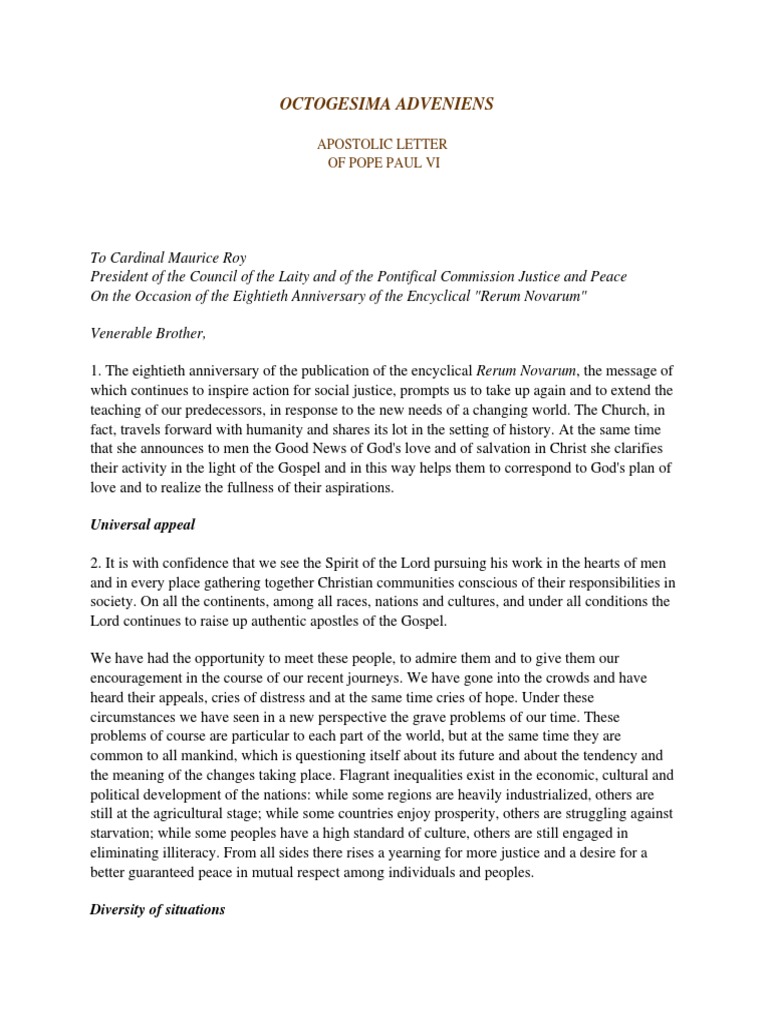 Octogesima Adveniens: Apostolic Letter of Pope Paul Vi | PDF ...