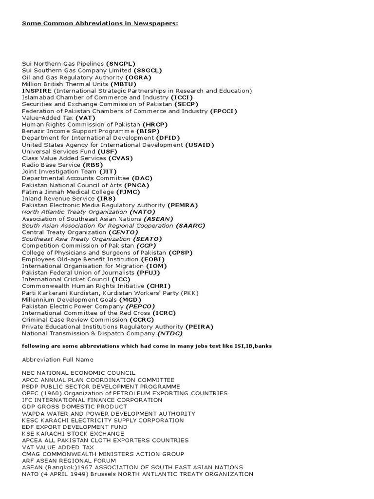 Common Newspaper Abbreviations List | PDF | Pakistan | Association Of ...