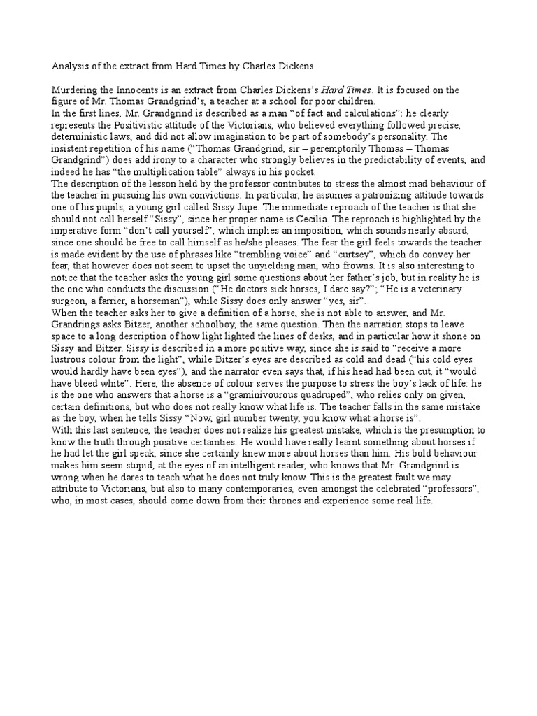 Analysis of the Extract From Hard Times by Charles Dickens | Hard Times ...