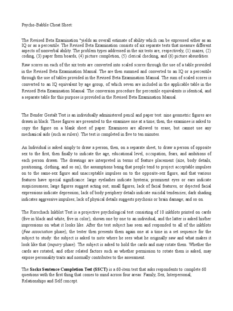 Psycho-Babble Cheat Sheet | Download Free PDF | Test (Assessment ...
