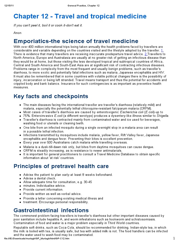 Chapter 12 - Travel and Tropical Medicine | PDF | Diarrhea | Malaria