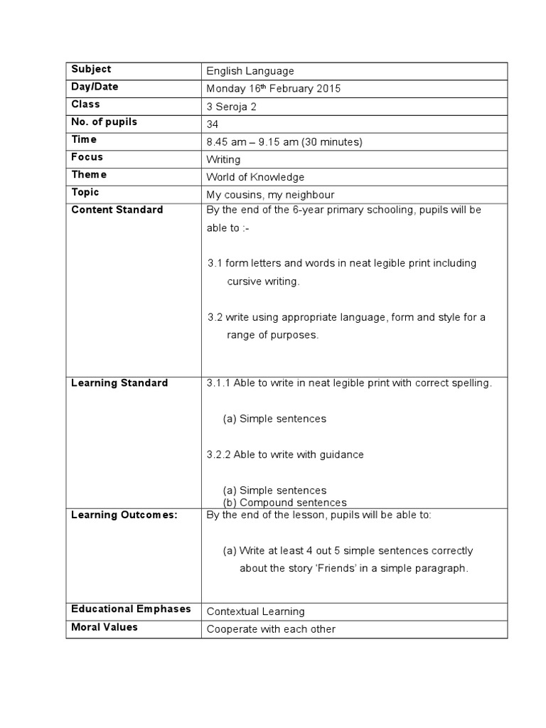 Writing Lesson Plan for Primary Pupils | PDF | Sentence (Linguistics ...
