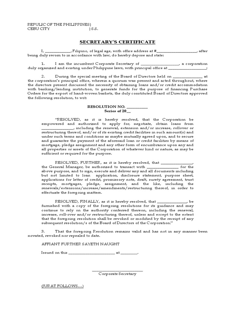 Sample Secretary's Certificate | Download Free PDF | Loans | Credit