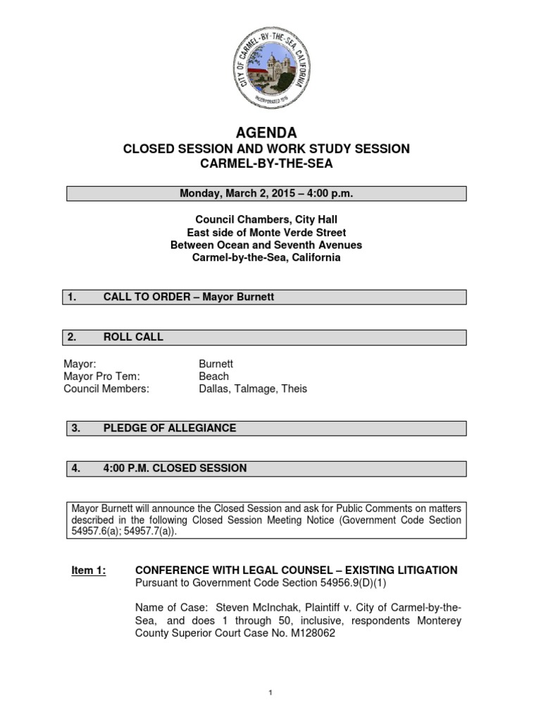 Agenda Closed Session and Work Study Session 03-02-15 PDF | PDF | Clerk ...