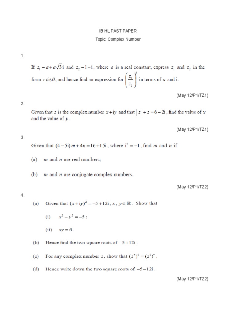 Ib HL Past Paper Topic: Complex Number | PDF | Educational Assessment And Evaluation ...