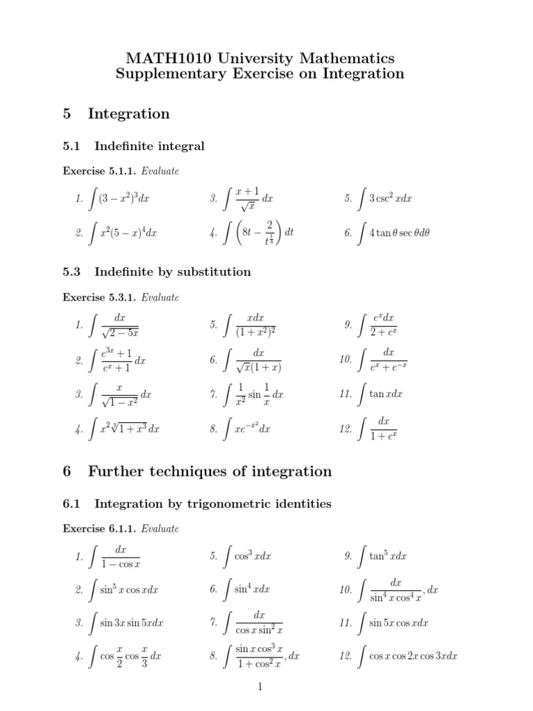 MATH1010 University Mathematics Supplementary Exercise On Integration 5 ...
