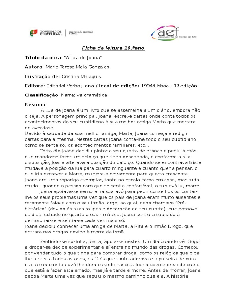 Ficha de Leitura - "A Lua de Joana" | PDF | Livros | Adolescência