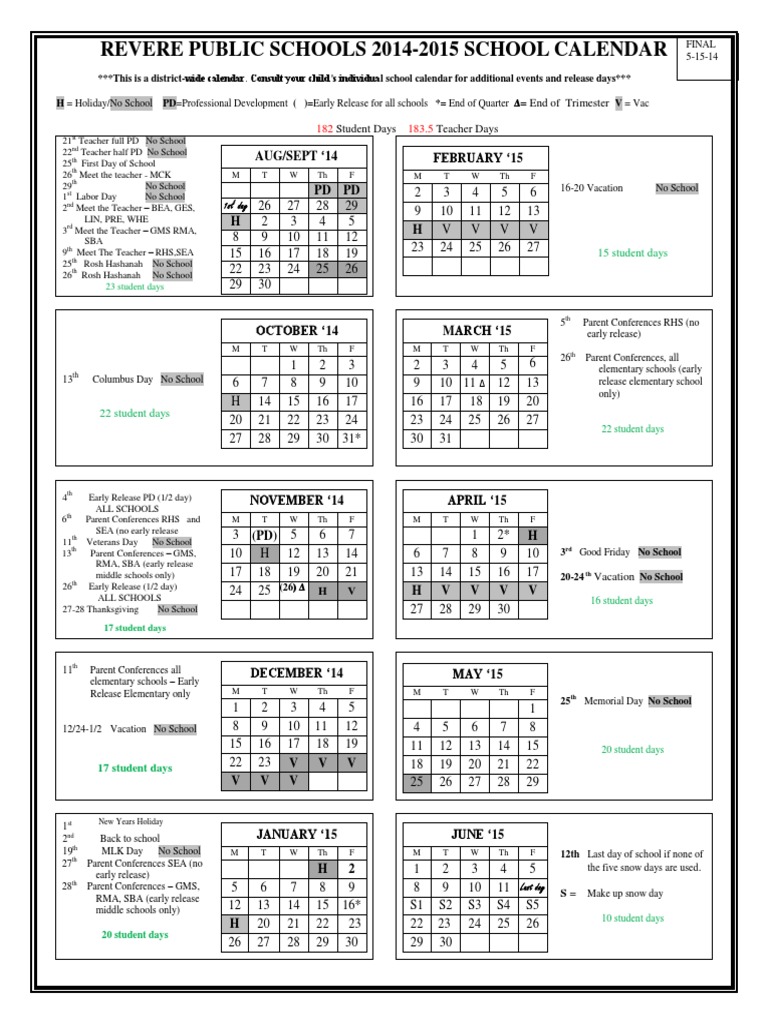 Revere Public Schools 2014-2015 School Calendar: AUG/SEPT 14 February ...