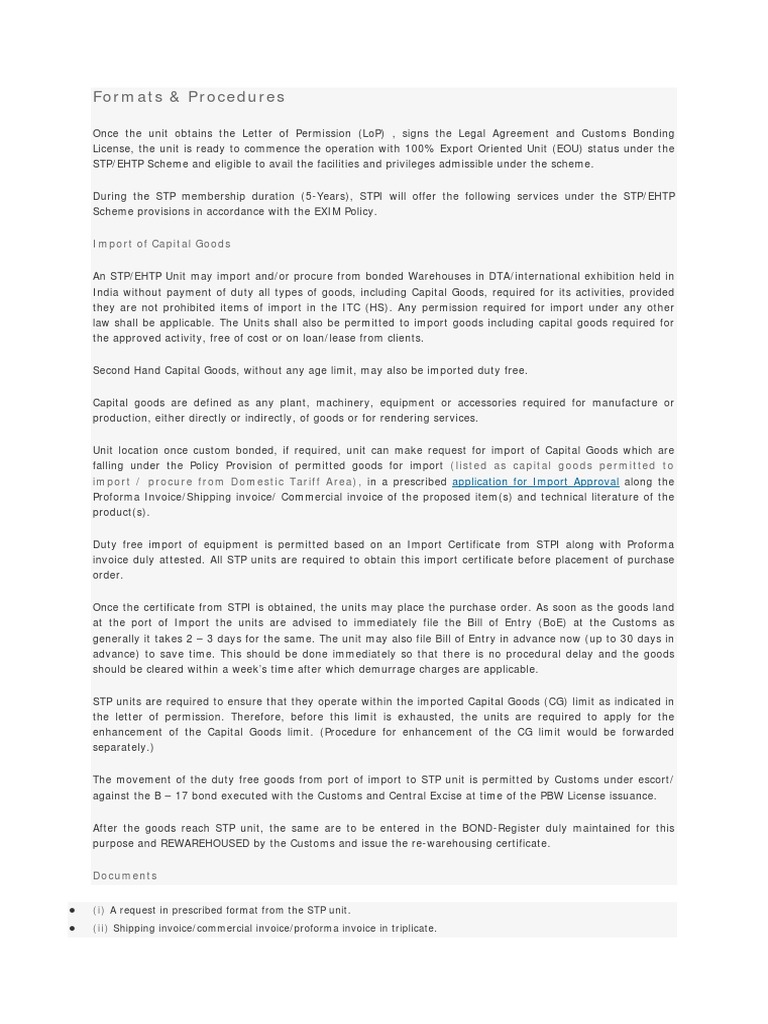 Formats & Procedures for STP/EHTP Units | PDF | Invoice | Customs