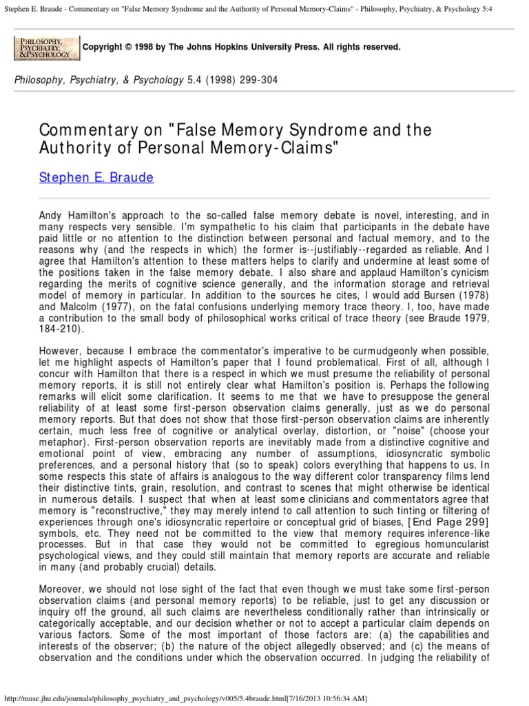 Braude - Commentary On False Memory Syndrome | PDF | Memory ...