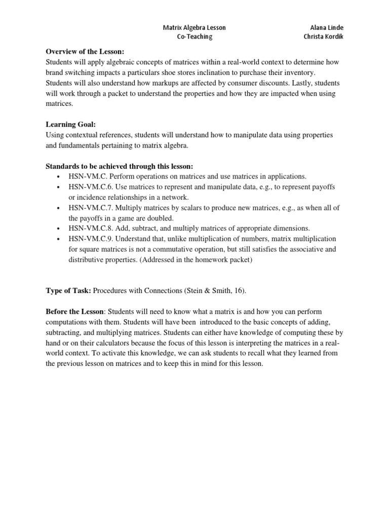 Matrix Lesson Plan | PDF | Matrix (Mathematics) | Brand
