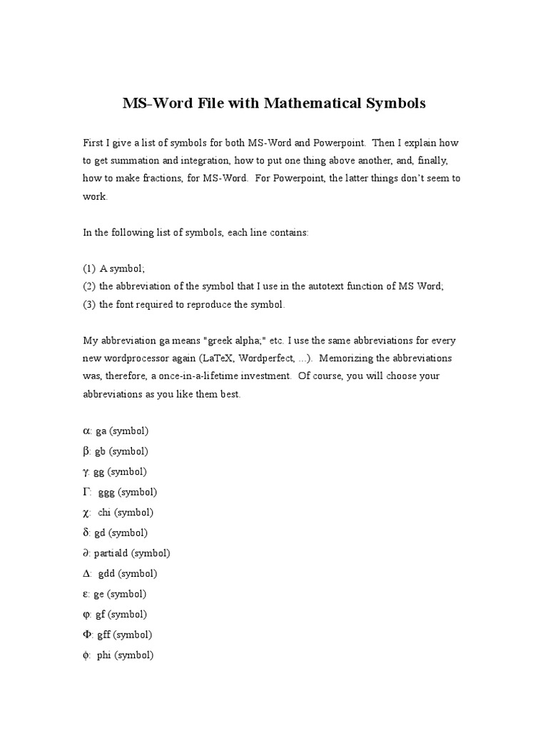 Mathematical Symbols for Word & PowerPoint | PDF