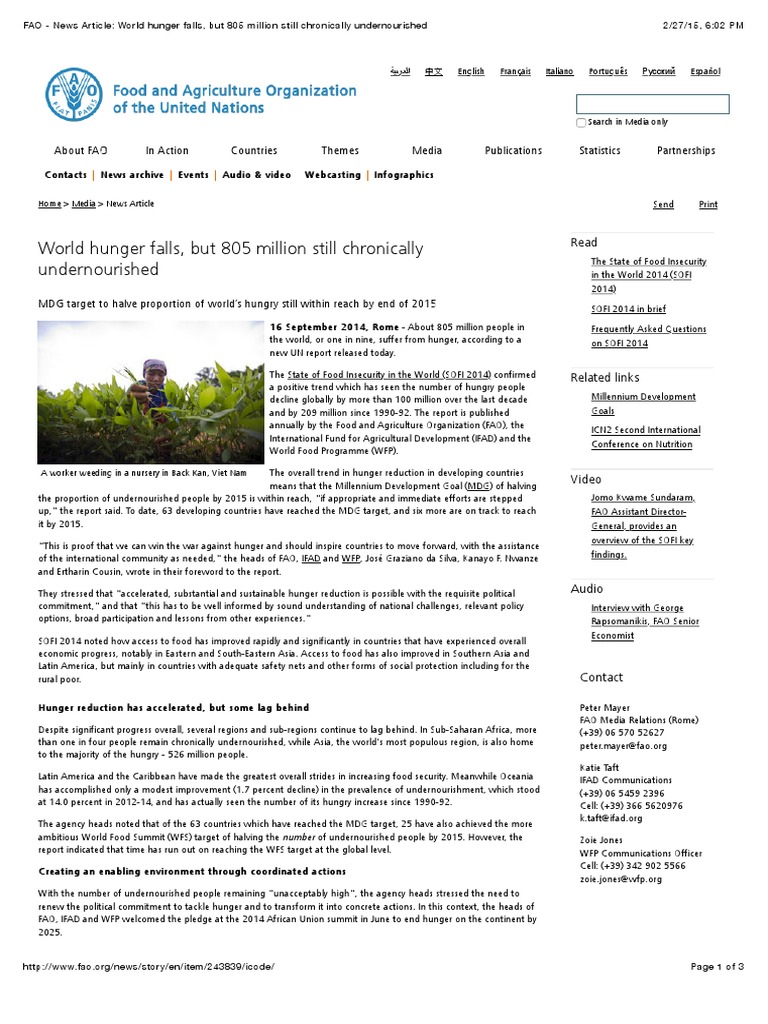 FAO - News Article: World Hunger Falls, But 805 Million Still ...