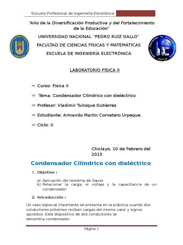 Practica de Laboratorio Condensador Cilíndrico Con Dieléctrico | PDF | Capacidad | Condensador