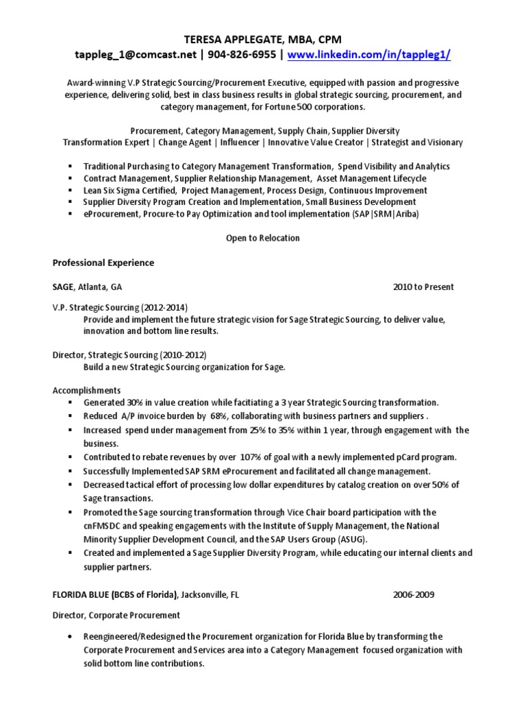 VP Strategic Sourcing Procurement In Jacksonville FL Resume Teresa ...