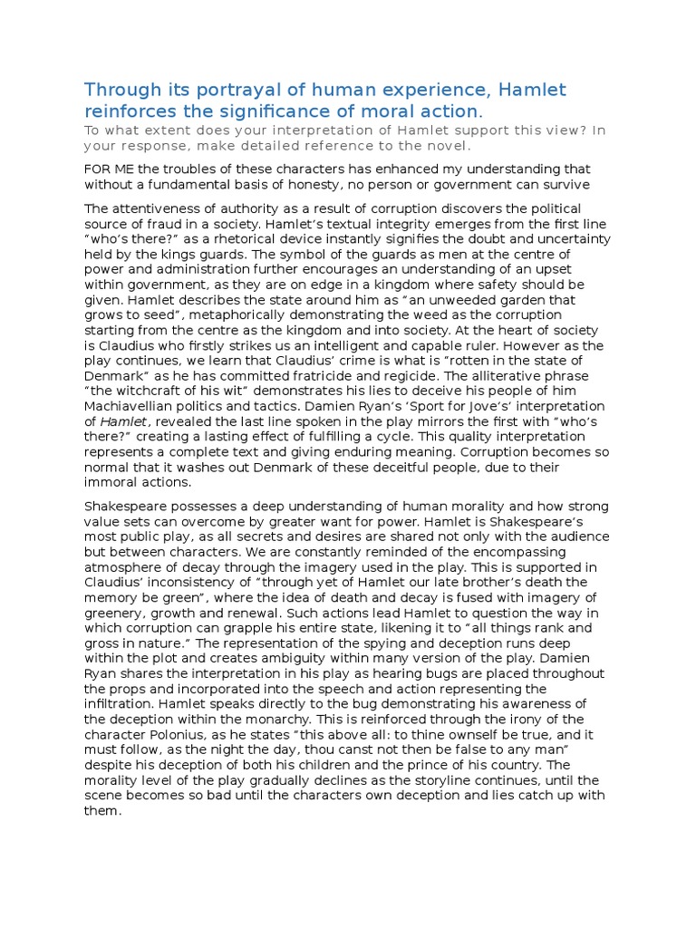 Through Its Portrayal of Human Experience, Hamlet Reinforces The ...