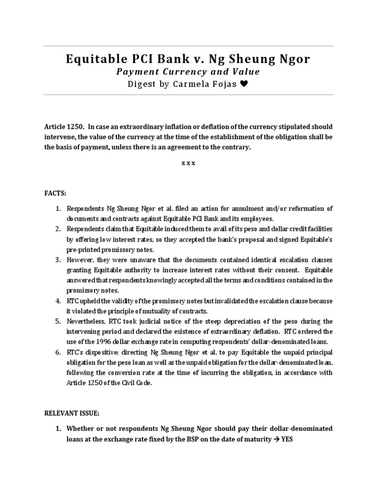 Equitable PCI Bank v. NG Sheung Ngor | PDF | Deflation | Inflation