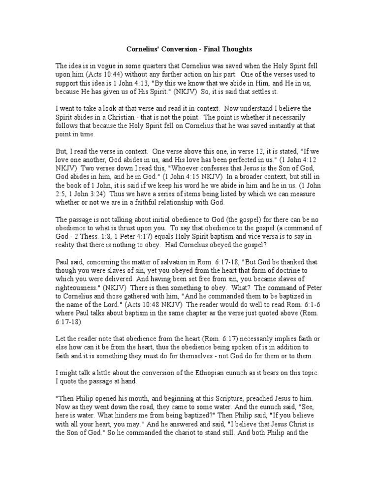 Cornelius' Conversion Final Thoughts | PDF | Baptism | Acts Of The Apostles