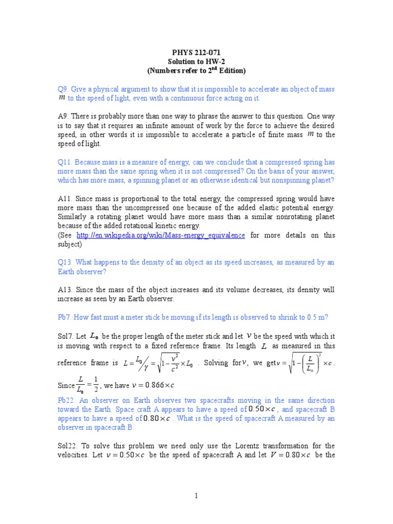 Relativistic Physics Homework Solutions | PDF | Electronvolt | Mass