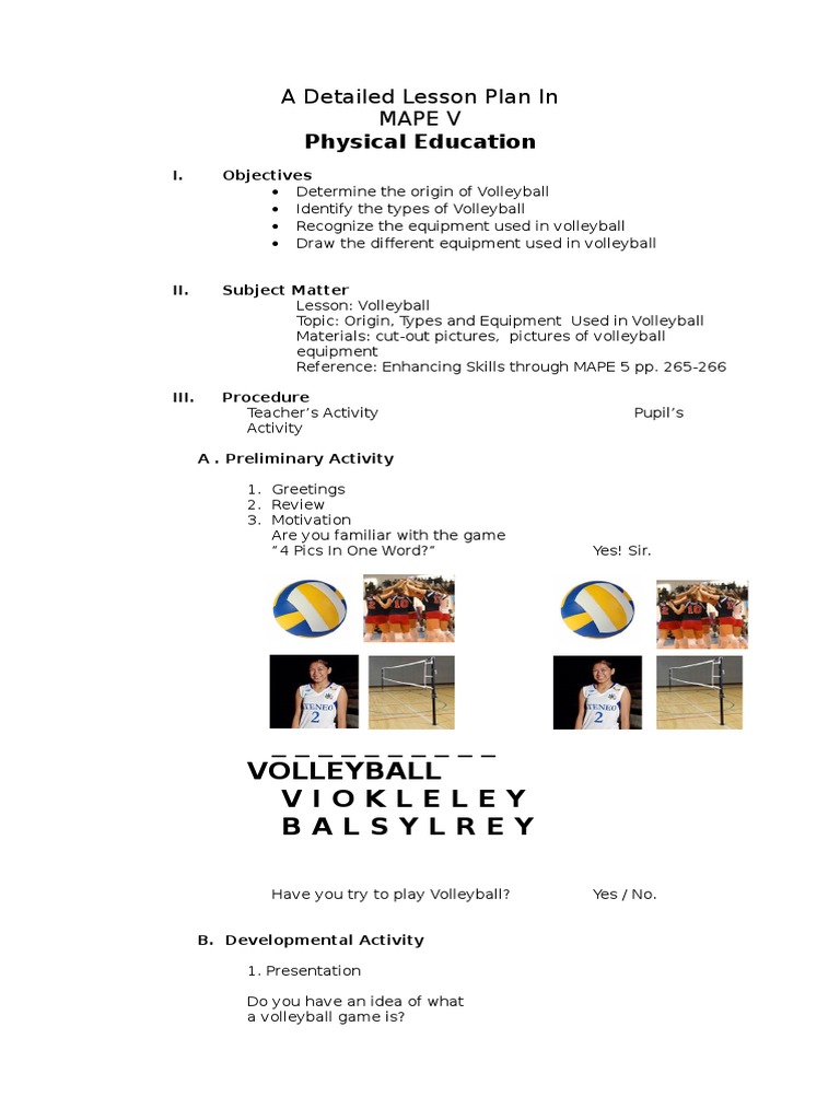 Detailed Volleyball Lesson Plan | PDF | Volleyball | Lesson Plan