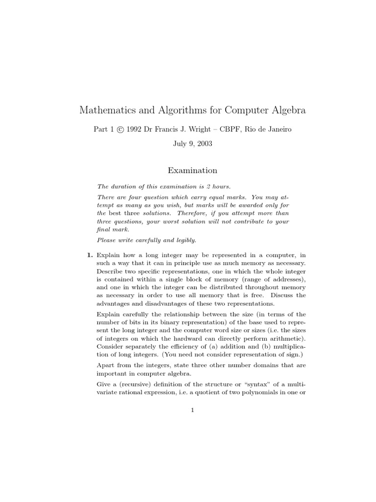Mathematics and Algorithms For Computer Algebra: Examination | PDF ...