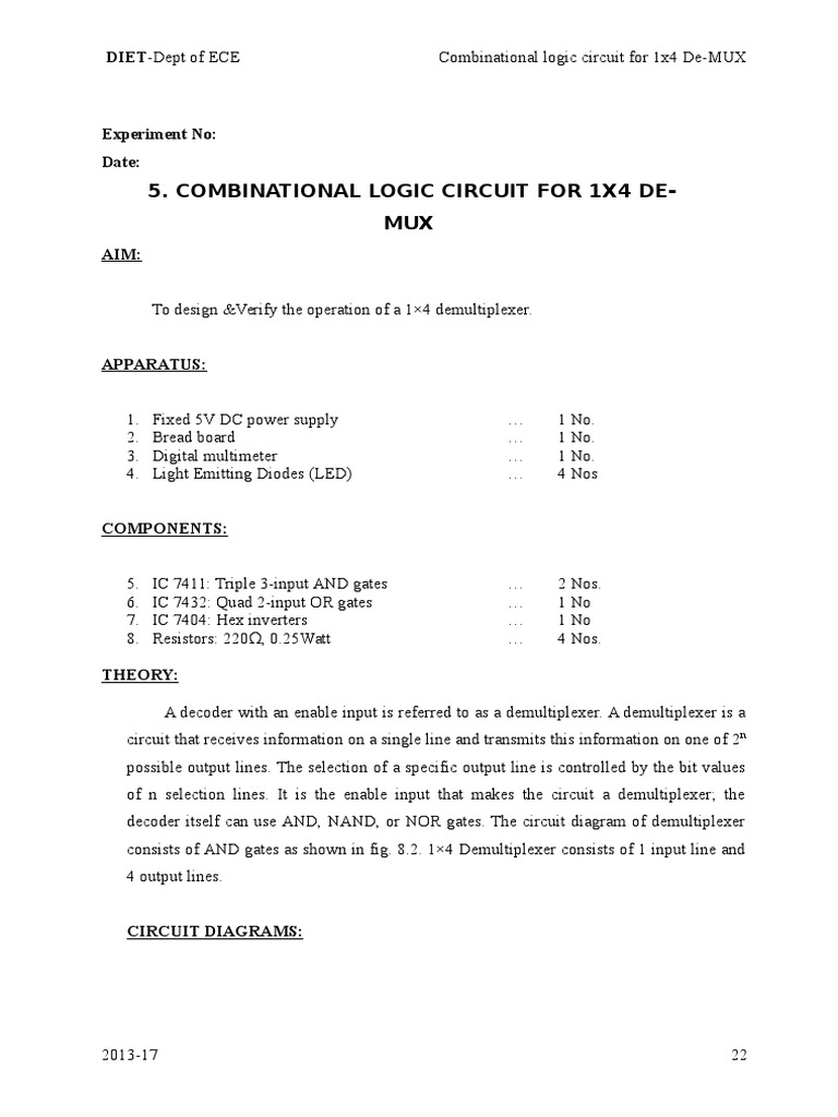 5.design A Combinational Logic Circuit For 1x4 de-MUX and Verify The ...