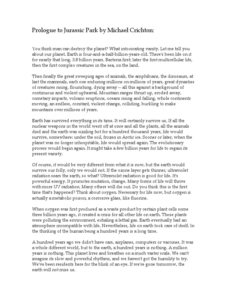 Prologue To Jurassic Park by Michael Crichton | PDF | Earth | Life