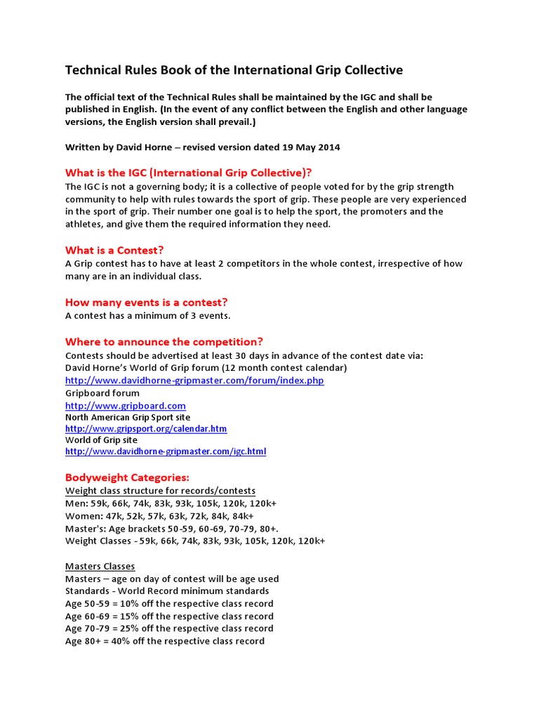 IGC Technical Rules for Grip Competitions | PDF | Clothing | Weightlifting