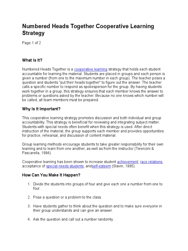 Numbered Heads Together Cooperative Learning Strategy | Learning ...