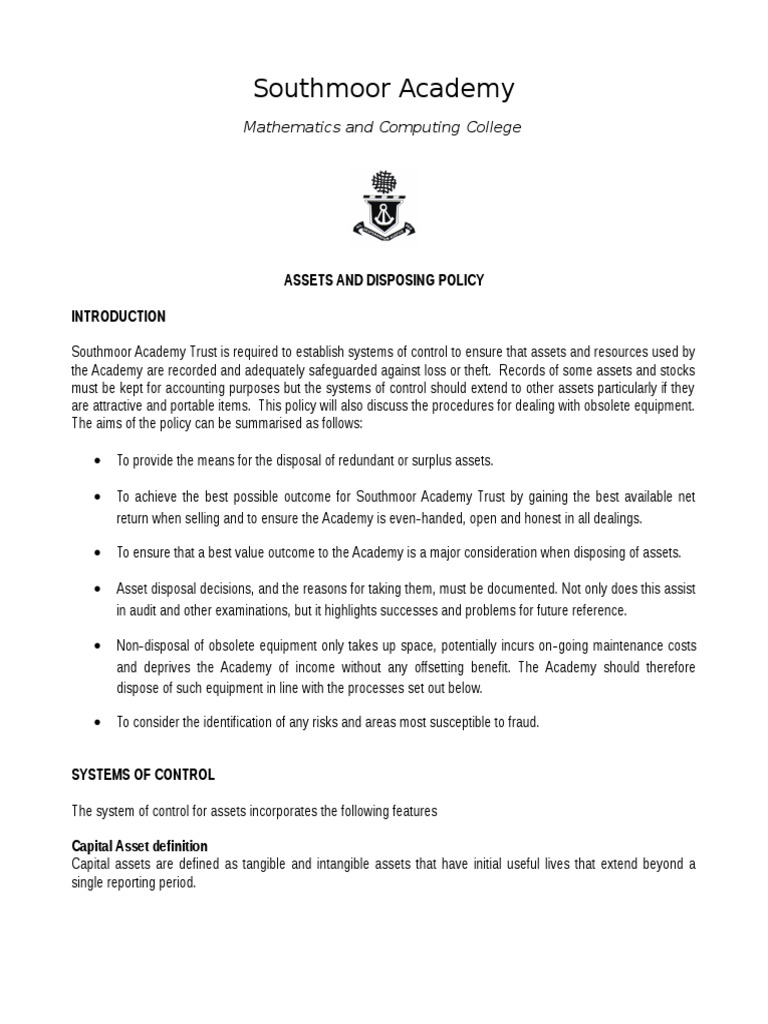 Assets and Disposal Policy | Historical Cost | Depreciation