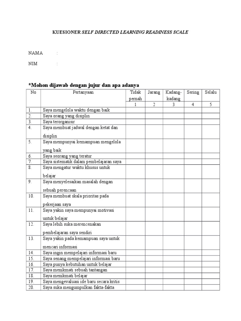 Kuesioner Self Directed Learning Readiness Scale | PDF