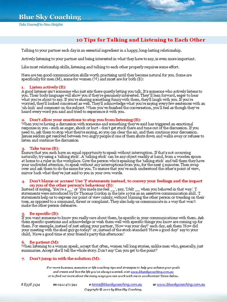 10 Tips For Talking and Listening To Each Other: T 8338 3134 M 0411 471 ...