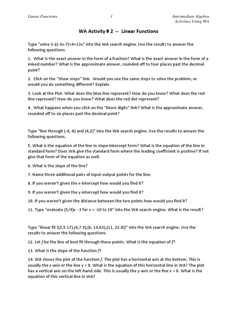 Wolfram - Alpha Activity - Topic, Linear Functions - Intermediate ...